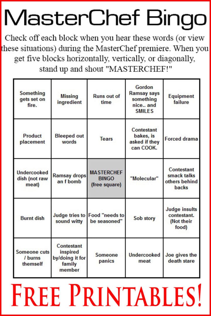 MasterChef Bingo Cards - Celebration Generation